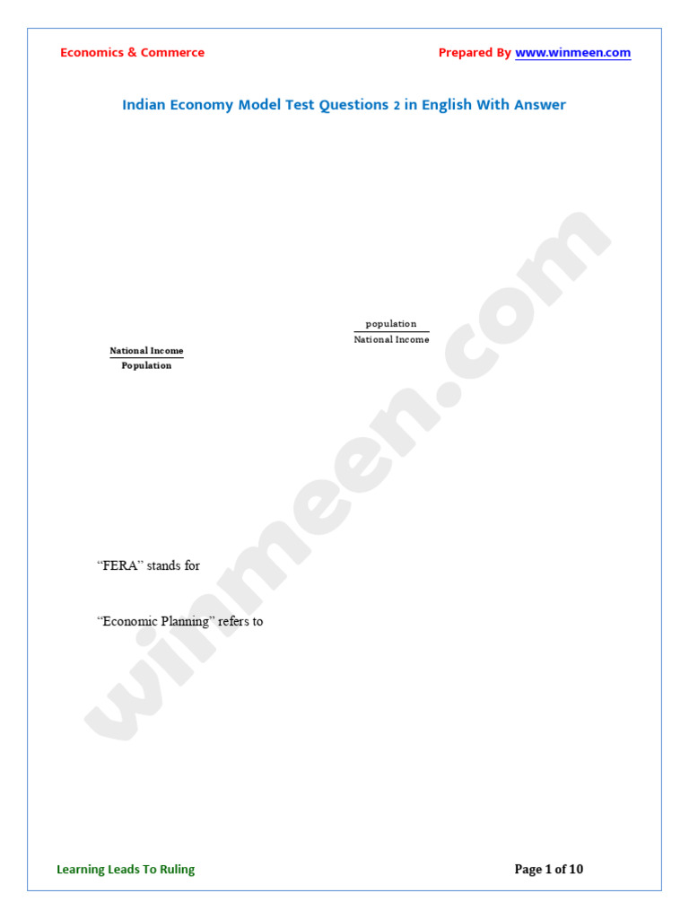 Indian Economy Model Test Questions 2 in English With Answer | PDF ...