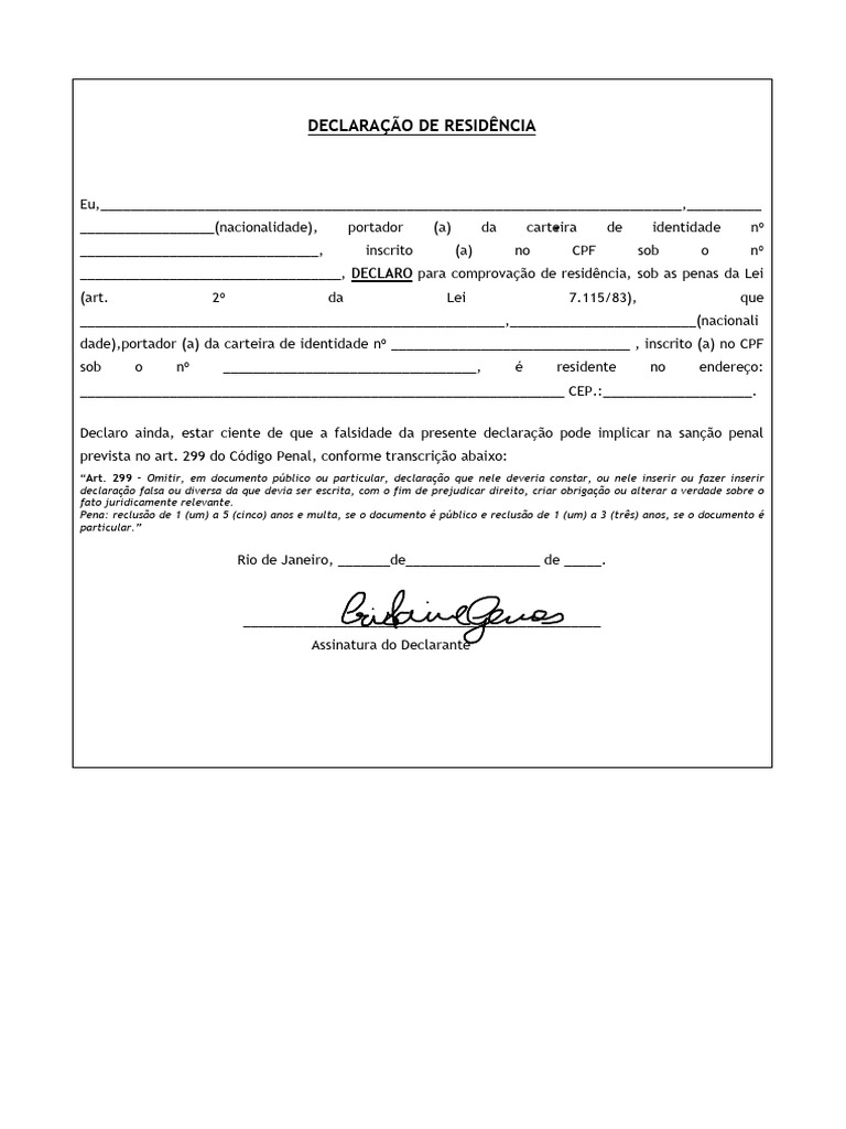 DECLARAÇÃO DE RESIDÊNCIA- MODELO | PDF