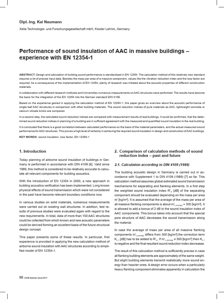 Performance of sound insulation of AAC in massive buildings-experience with EN 12354-1 | PDF ...