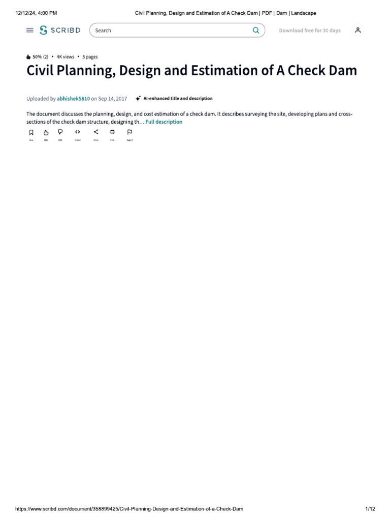 Civil Planning, Design and Estimation of A Check Dam | PDF