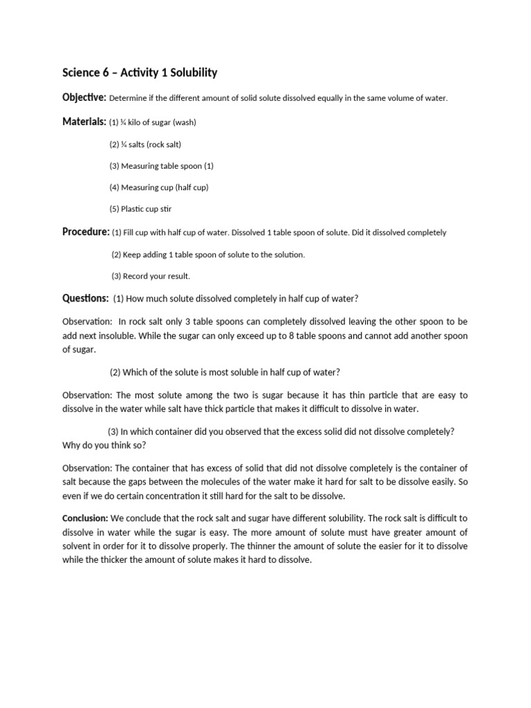 Solubility Experiment: Sugar vs. Salt | PDF