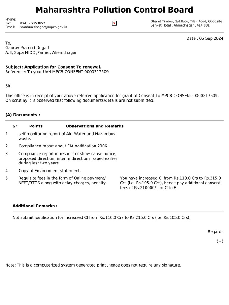 MPCB Consent Renewal Application Review | PDF