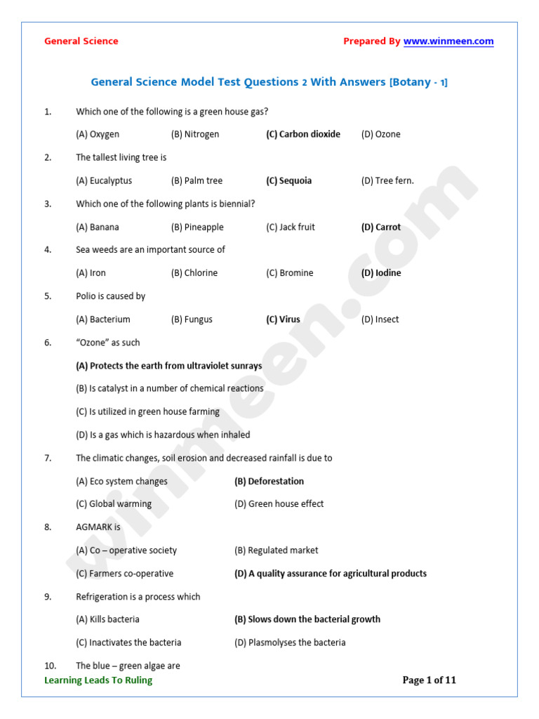General-Science-Model-Test-Questions-2-in-English-With-Answer | PDF ...