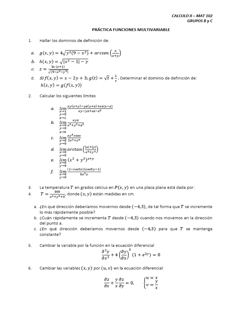 Práctica Funciones Multivariable | PDF | Derivado | Ecuaciones