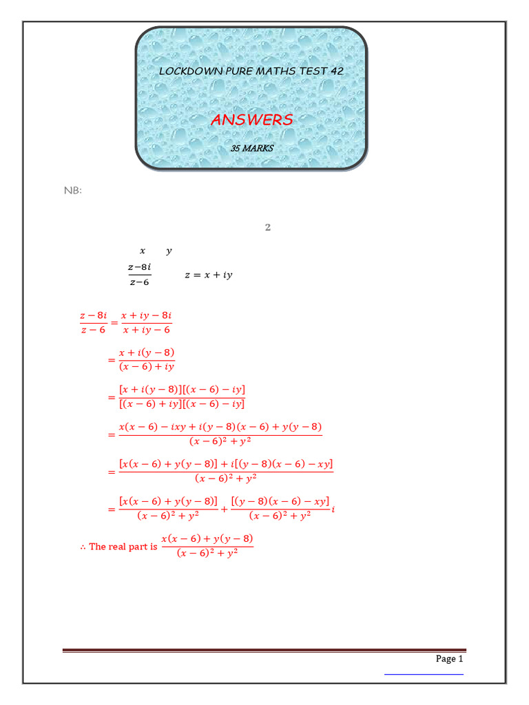 Answers - Lockdown Pure Maths Test 42 - Trockers | PDF | Complex Number ...