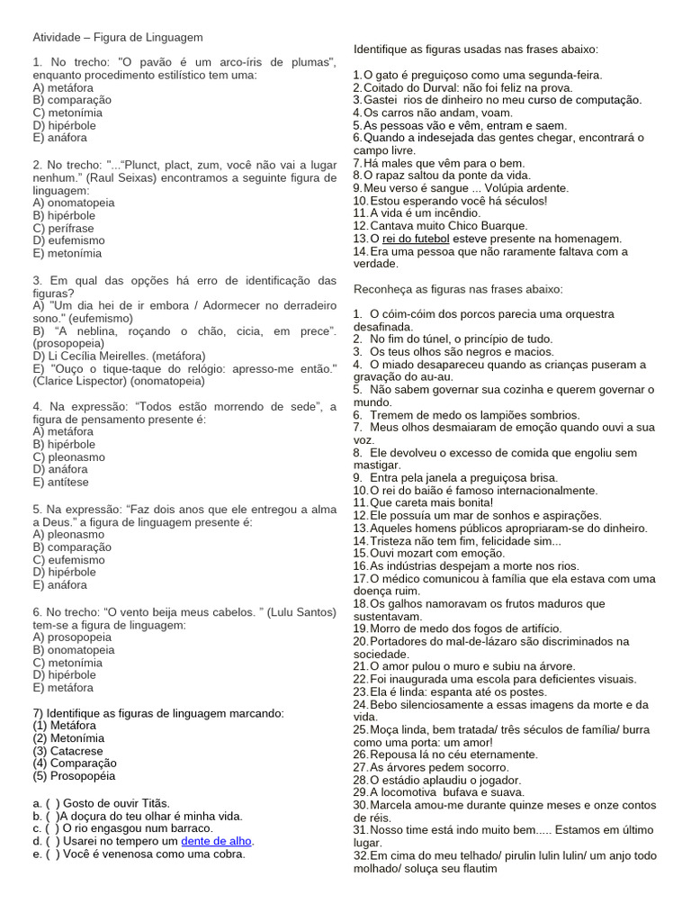 Atividades de Figuras de Linguagem 8º Ano | PDF | Metáfora