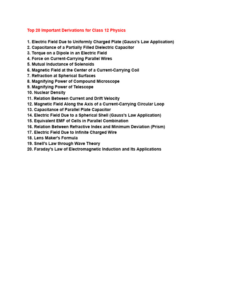 20 Important Derivations Class 12 | PDF