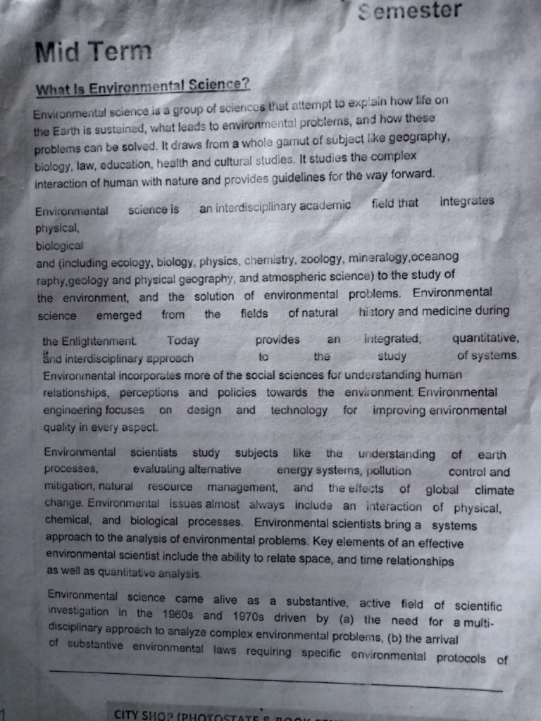 Environmental Science Midterm Exams Notes | PDF