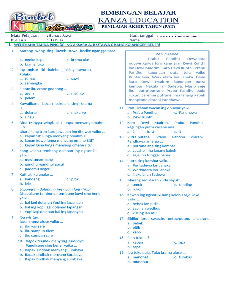 Soal UKK Bahasa Jawa Kelas 2 SD Dan MI | PDF