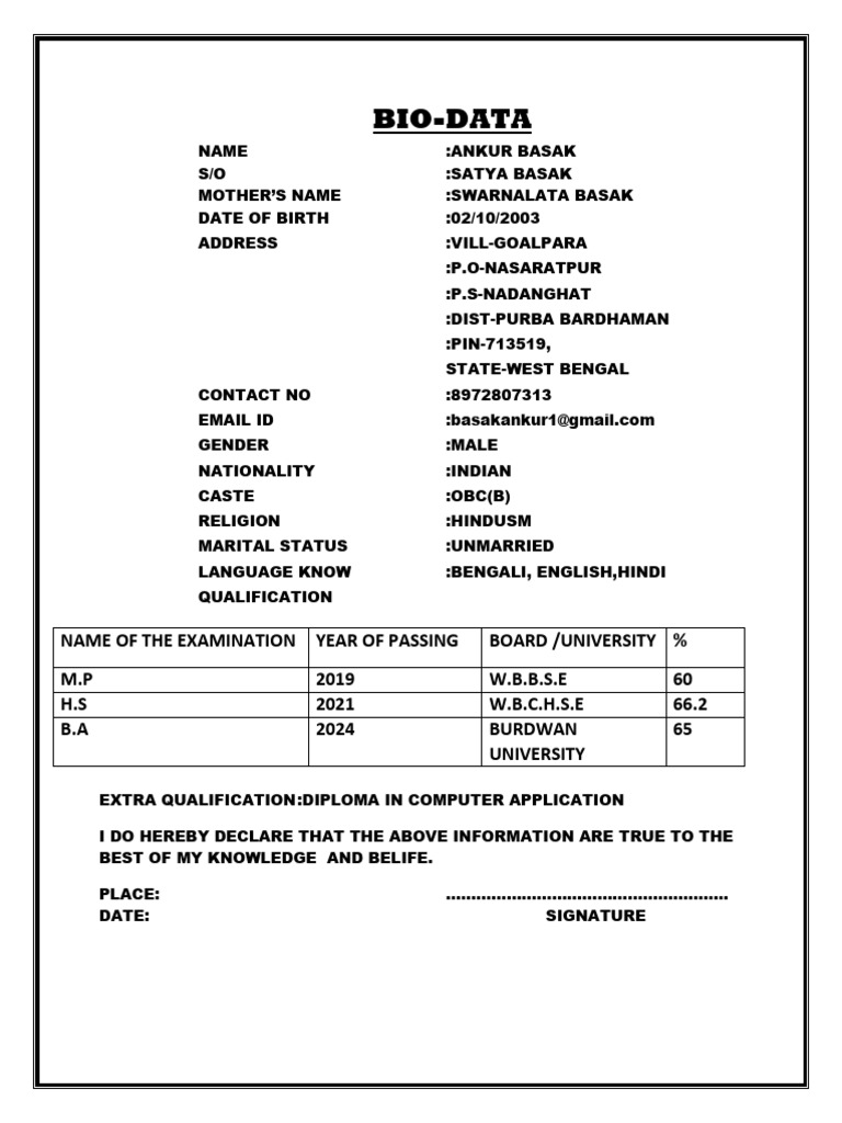 Ankur Basak Bio-Data Summary | PDF