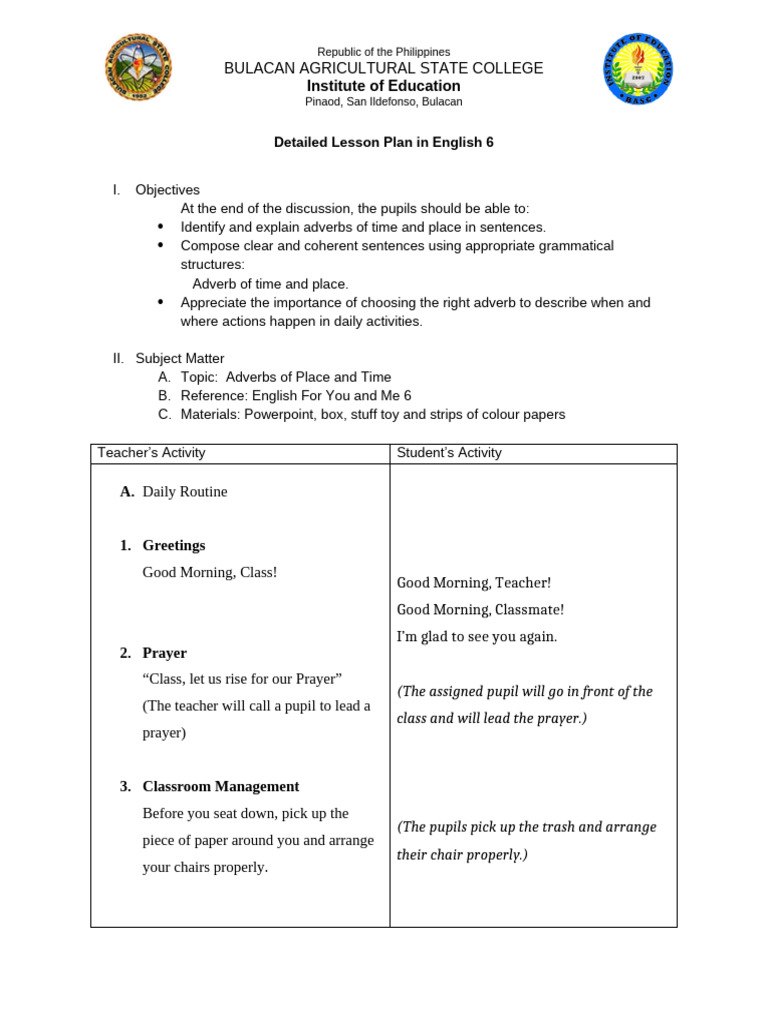 Adverbs of Time and Place Lesson Plan | PDF | Adverb | English Language