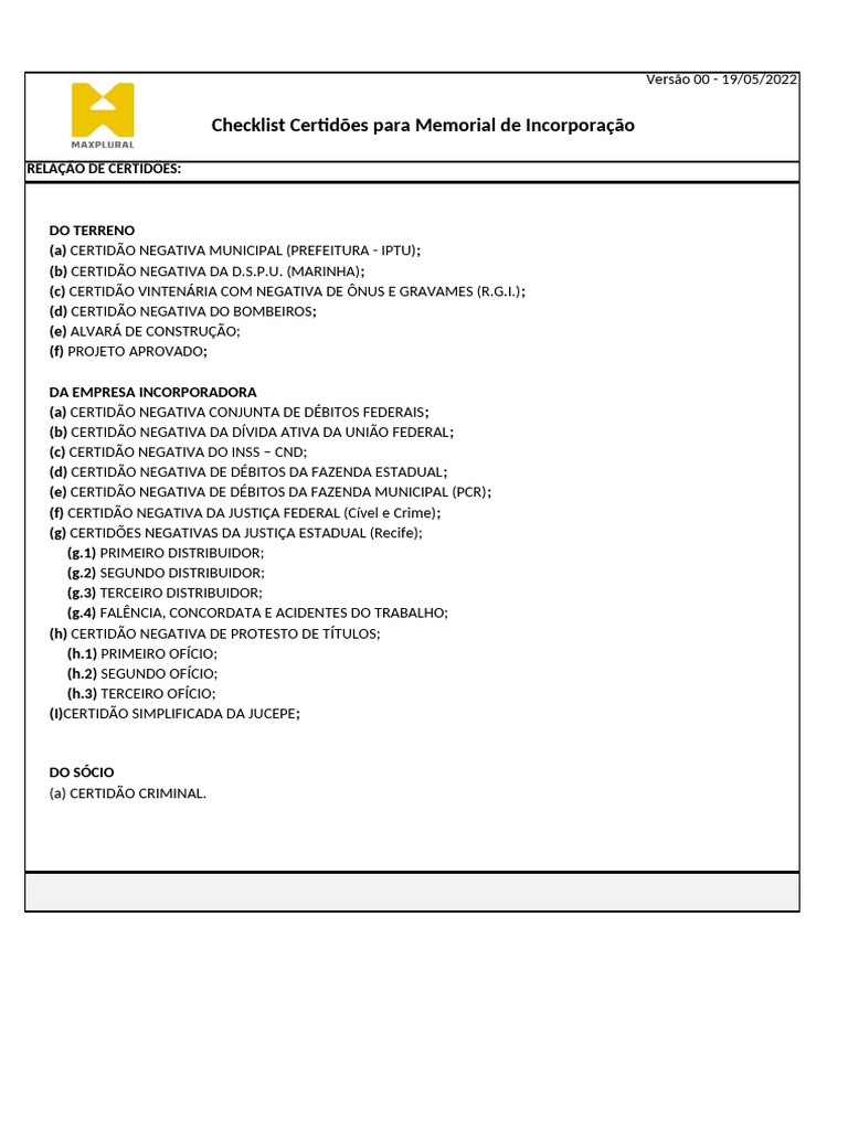 (Form 003) Form 003 - Checklist Certidões para Memorial de Incorporação ...