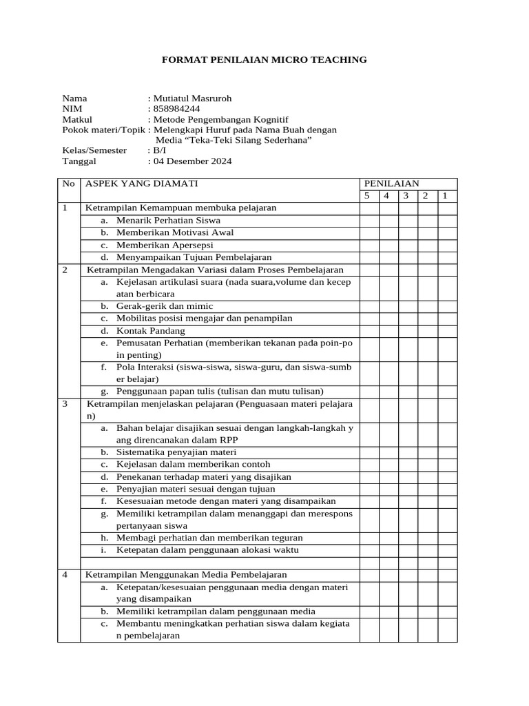 Format Penilaian Micro Teaching | PDF