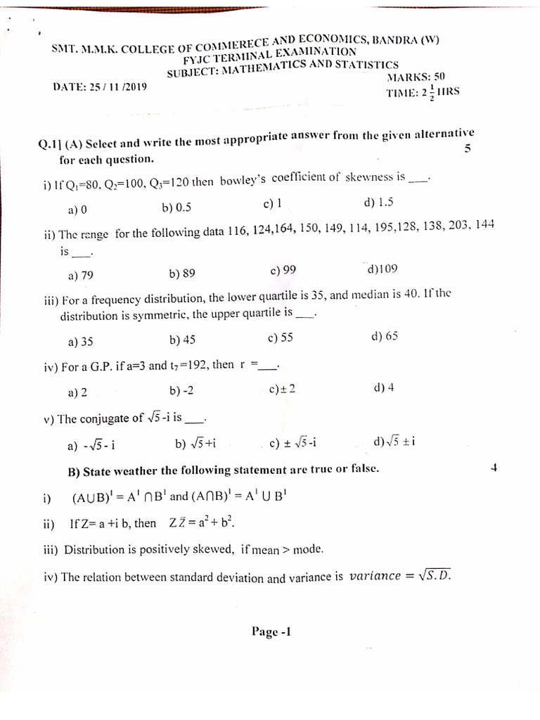 Maths - Stat FYJC Ist Terminal | PDF
