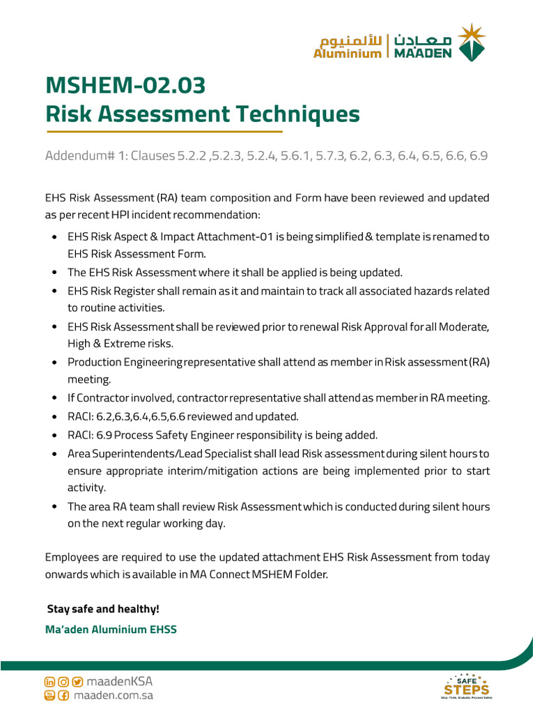 Addendum 01 - MSHEM-02.03-Risk Assessment | PDF
