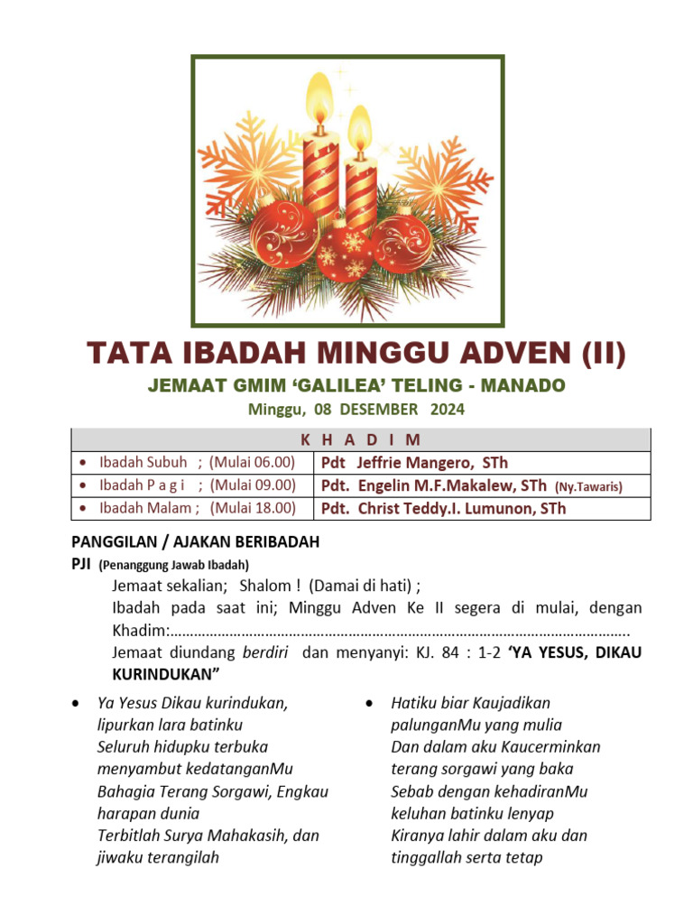 TATA IBADAH MINGGU ADVEN II Tanggal 08 Desember 2024 | PDF