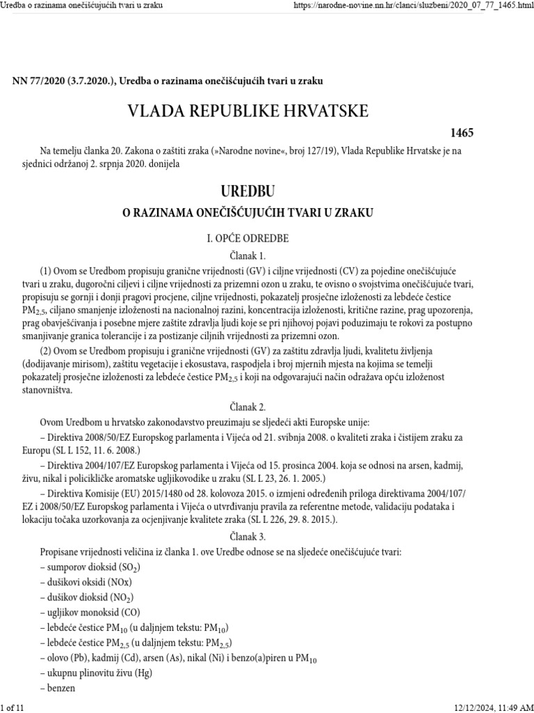 Uredba o Razinama Onečišćujućih Tvari U Zraku | PDF