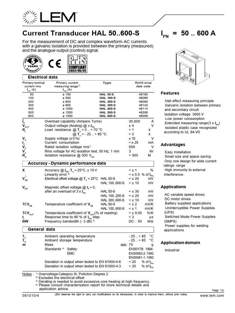 HAL 50-600-S Current Transducer Specs | PDF | Electrical Components ...