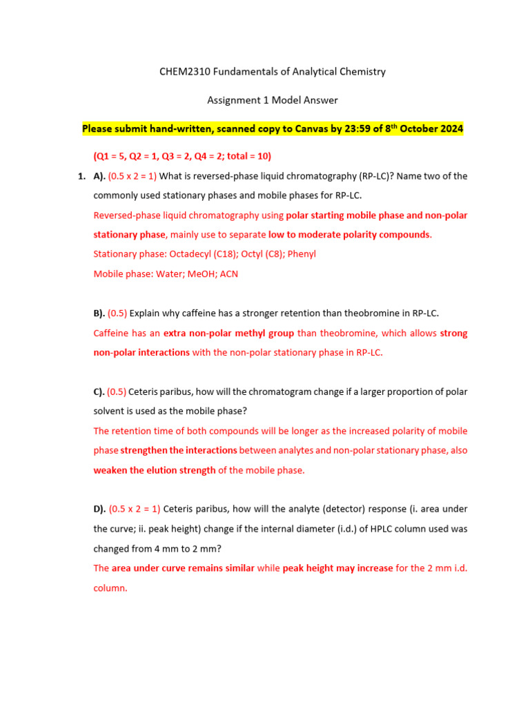 CHEM2310 - Assignment#1 Model Answer | PDF | Chromatography | High Performance Liquid Chromatography