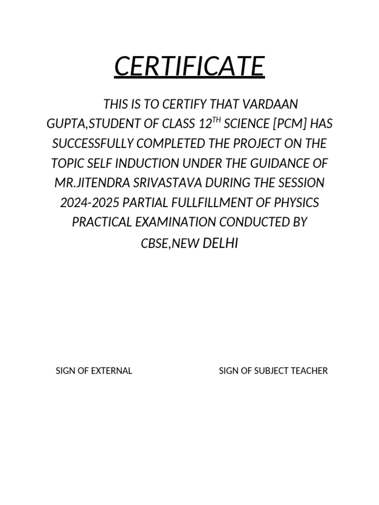 Class 12 Physics Project Certificate | PDF