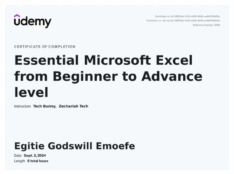 Udemy Certificate Excel | PDF