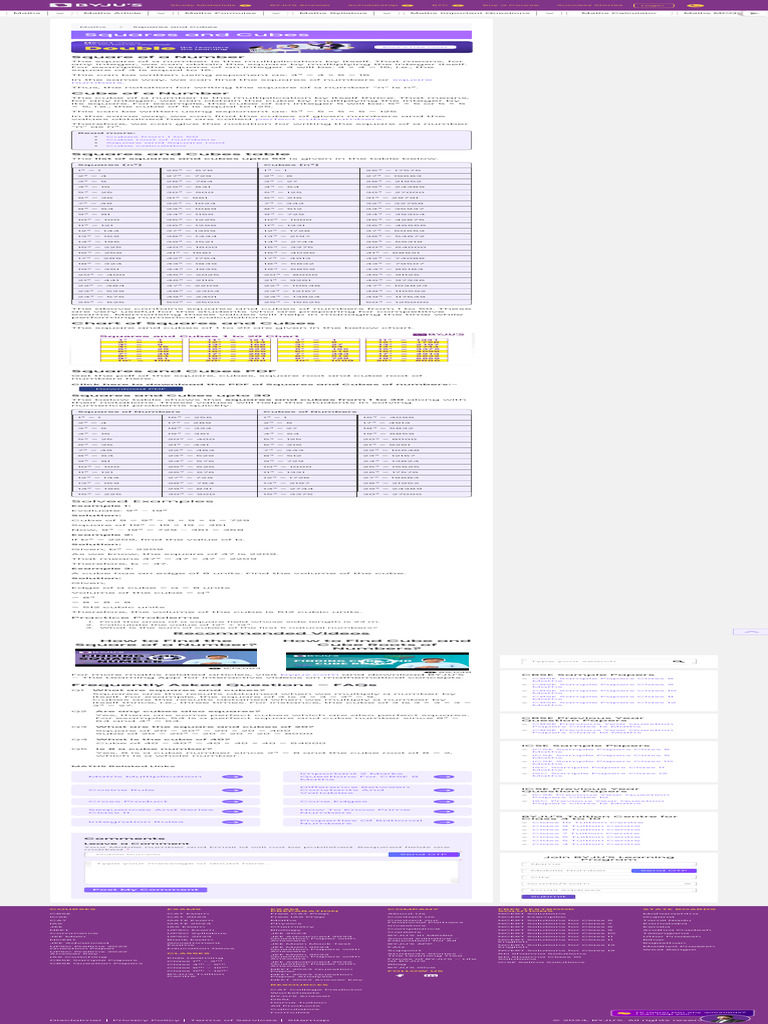 Squares and Cubes List, Chart and Table of Squares and Cubes of Numbers ...