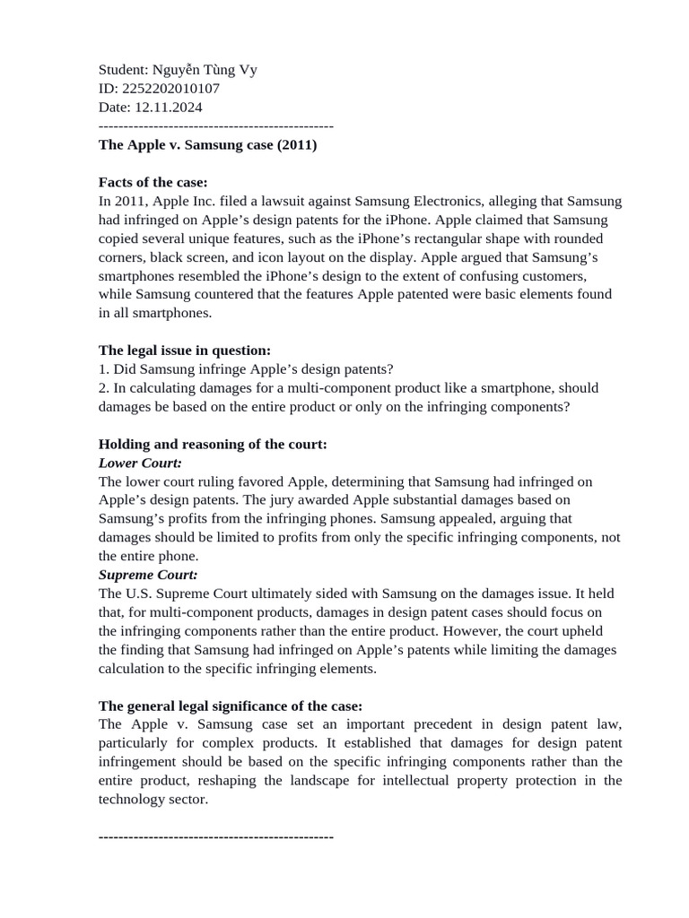 Apple v. Samsung Patent Case Summary | PDF
