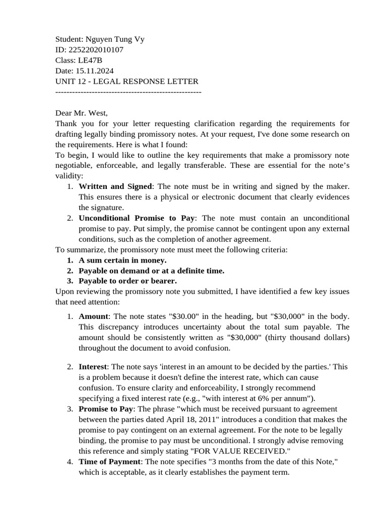 U12 Legal Response Letter | PDF | Promissory Note | Private Law