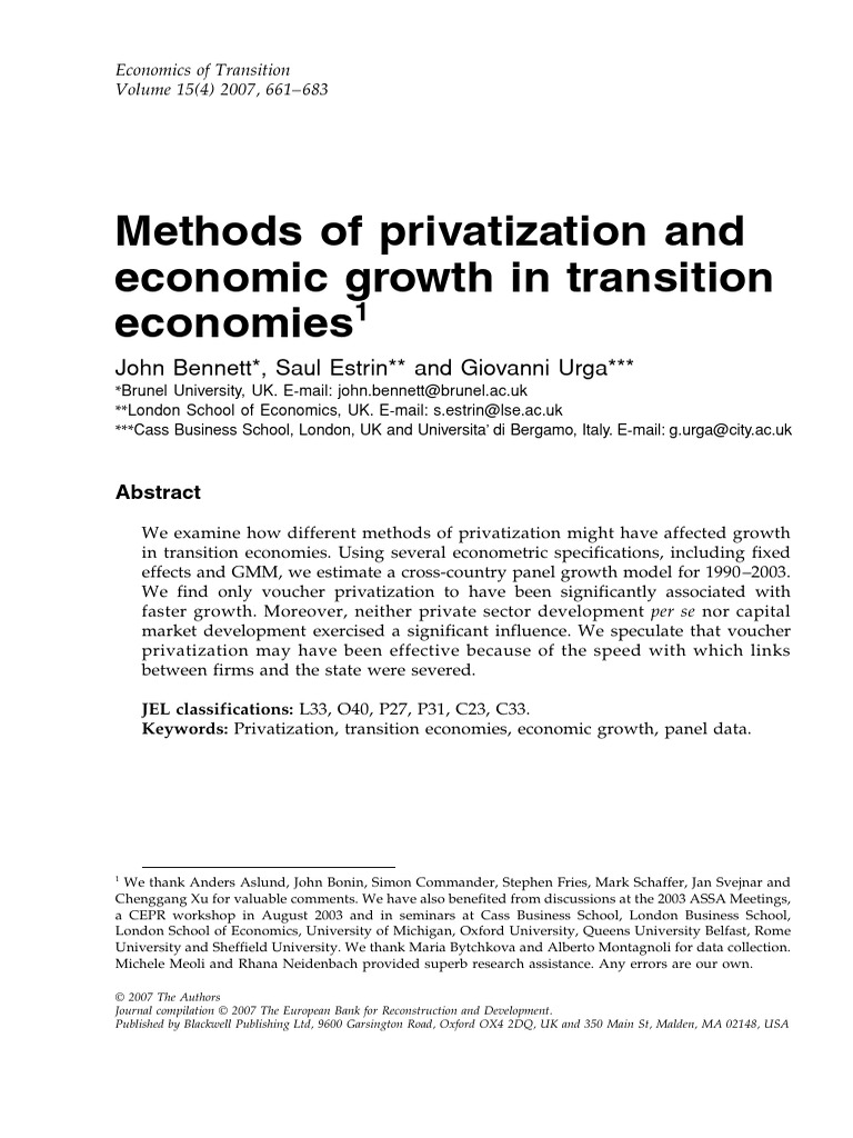 Bennett, Estrin and Urga (2007) Methods of Privatization and Economic Growth | PDF ...