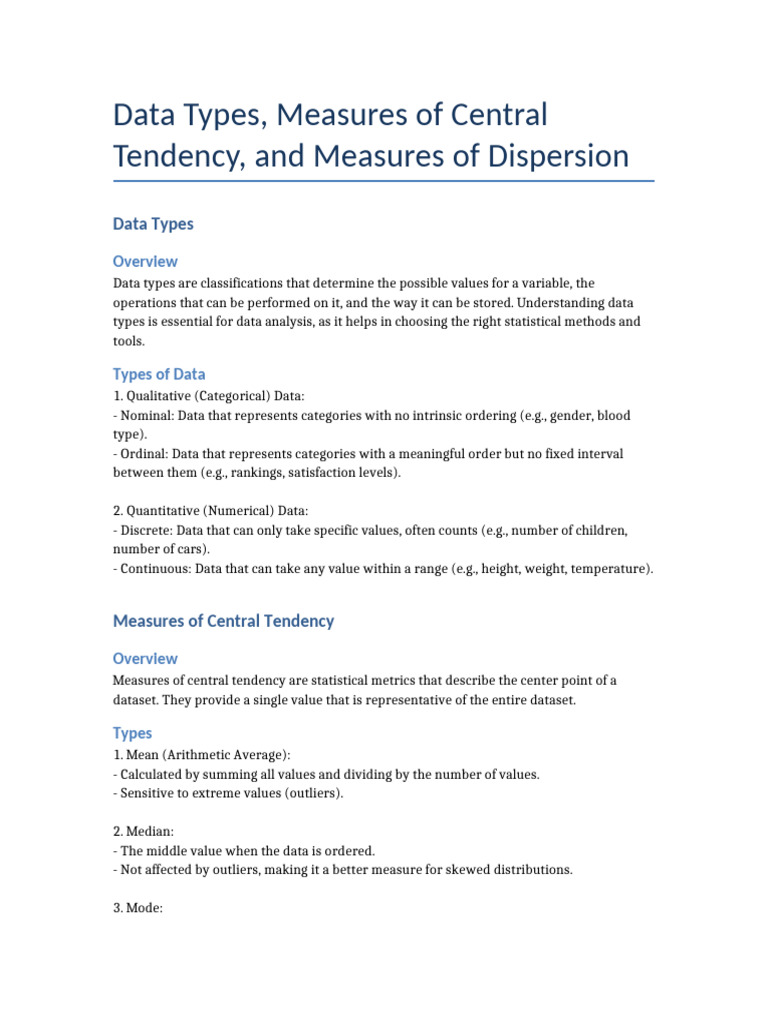 Day2-Data Types Central Tendency Dispersion | PDF | Mean | Level Of ...