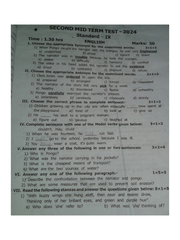 9th English 2nd Mid Term Exam 2024 Original Question Paper Chengalpattu ...