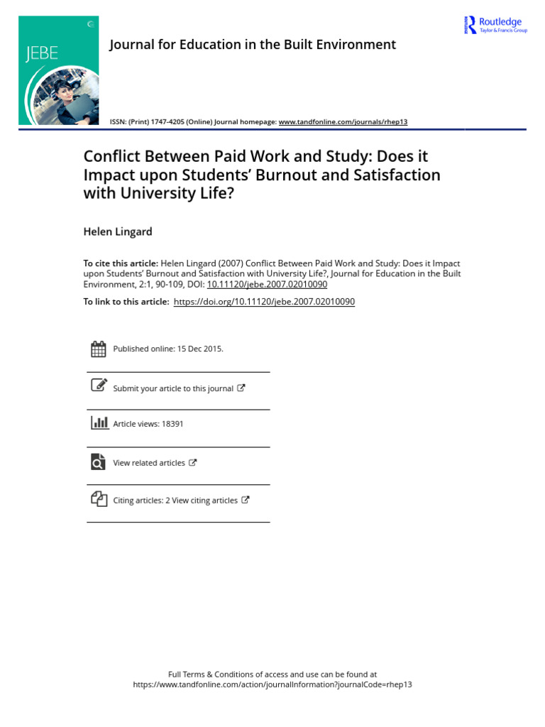 Conflict Between Paid Work and Study Does It Impact Upon Students Burnout and Satisfaction With ...
