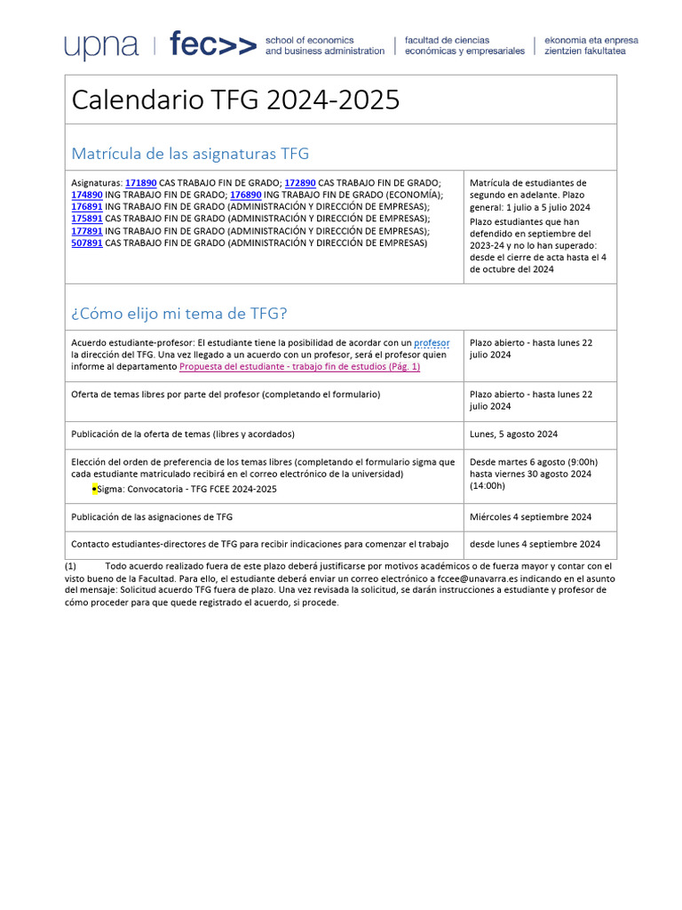 Calendario Upna TFG 2024 | PDF