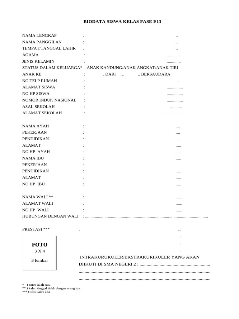 Biodata Siswa Kelas Fase E13 | PDF