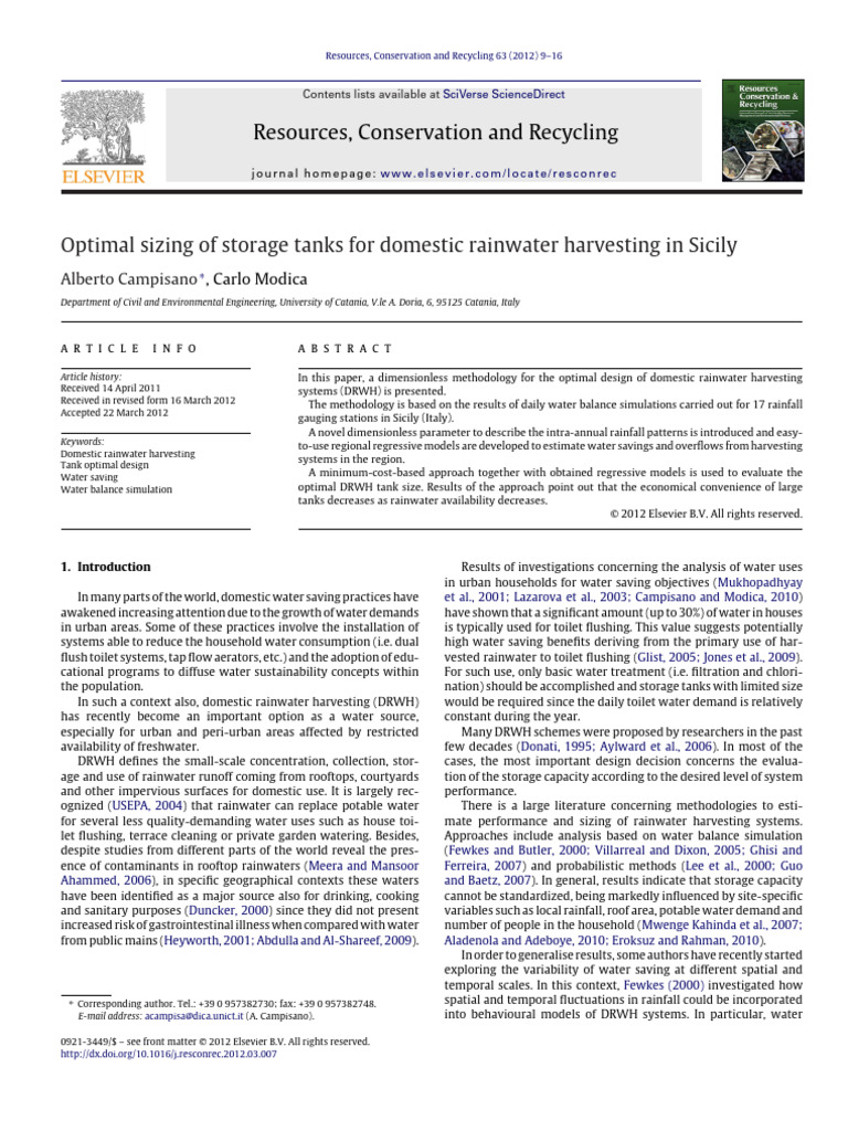 Optimal Rainwater Tank Sizing in Sicily | PDF | Rain | Hydrology