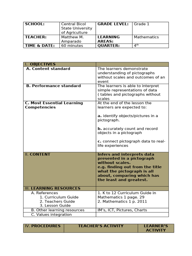 Grade 1 Lesson Plan-Matthew | PDF | Curriculum | Learning