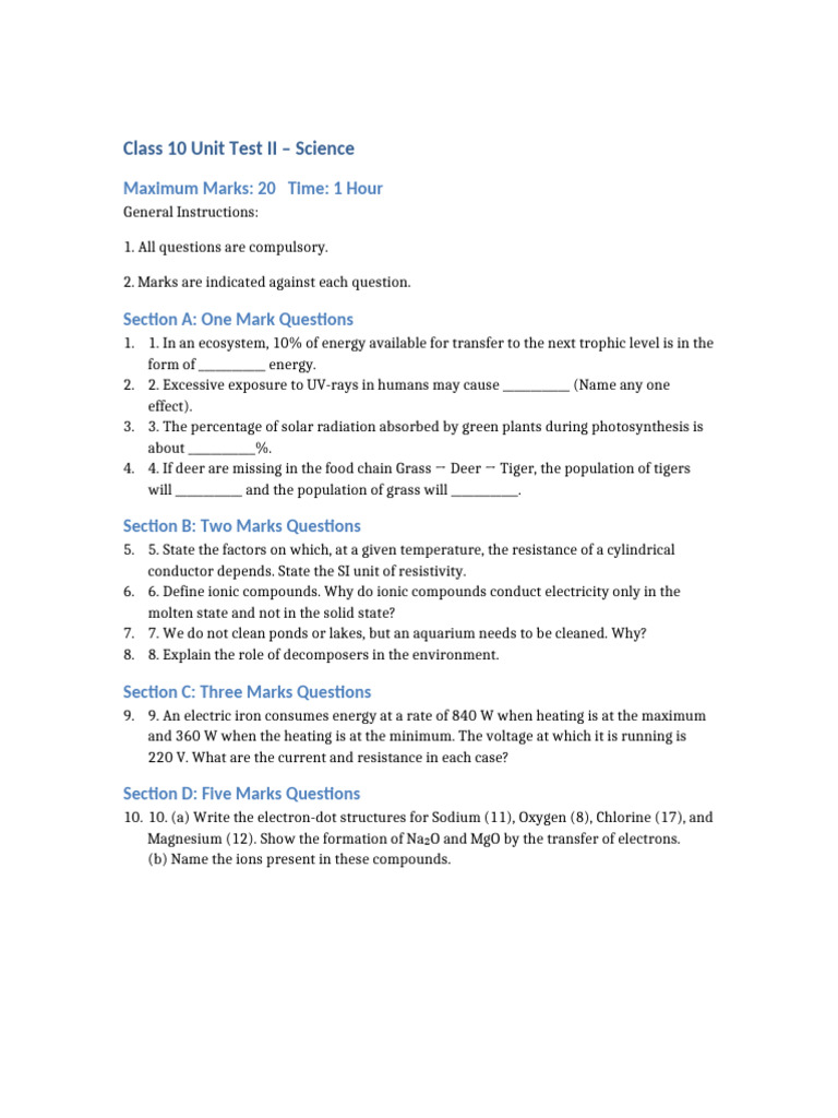 Class 10 Science Unit Test II 2024 | PDF