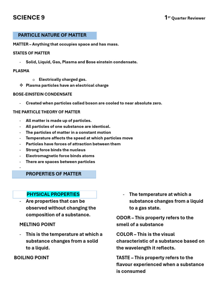 Science 9 1ST Quarter Reviewer! | PDF | Matter | Atoms