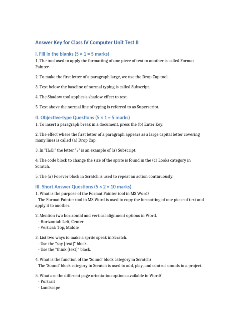 Class IV Computer Unit Test II Answer Key | PDF