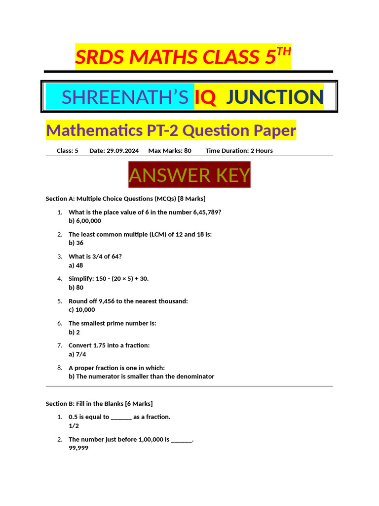 class 5 aths pt-2 mock test answer key | PDF | Numbers | Elementary ...
