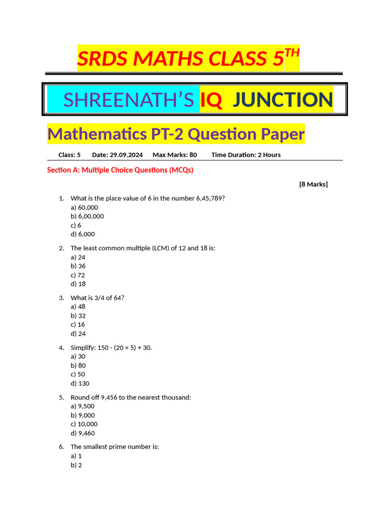 Class 5 Maths Mock Test Paper | PDF | Arithmetic | Number Theory
