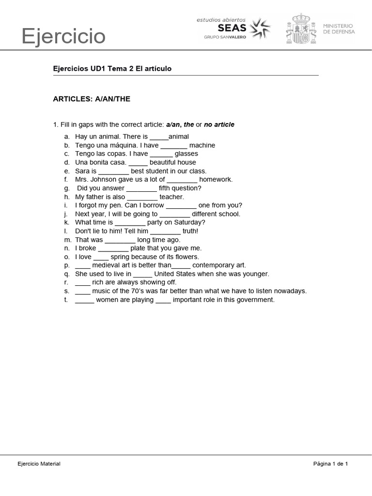 Ejercicios UD1 Tema 2 El Artículo | PDF | Prediction