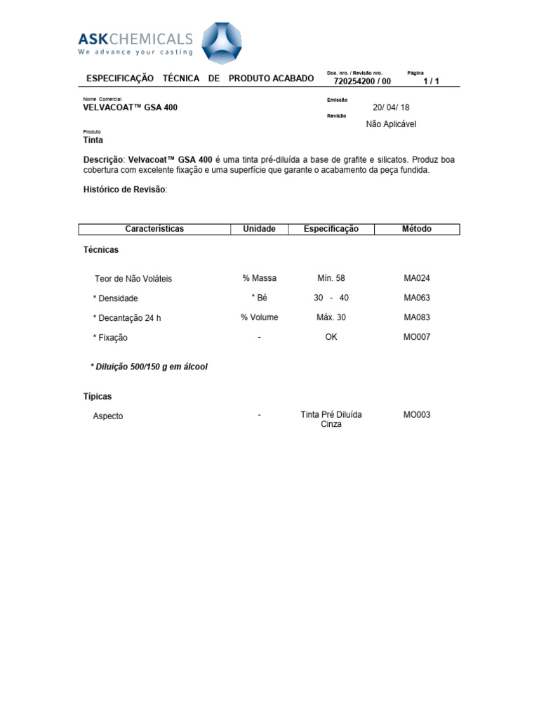 ESPECIFICAÇÃO TÉCNICA VELVACOAT GSA 400 Esp | PDF