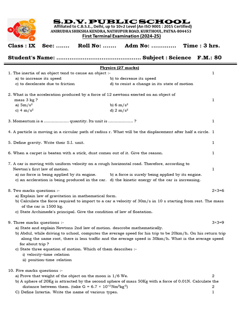 9 Science Half Yearly Question Paper | PDF | Force | Acceleration