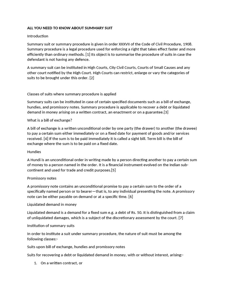 Understanding Summary Suits in Law | PDF | Lawsuit | Negotiable Instrument