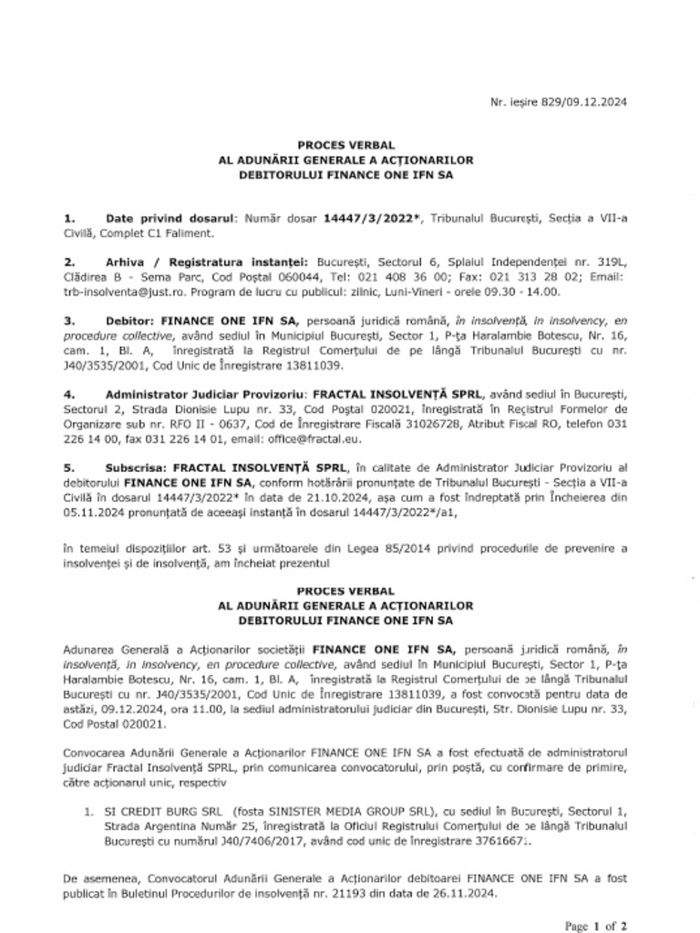 6664 Finance One IFN SA Proces Verbal Adunare Generala Actionari | PDF