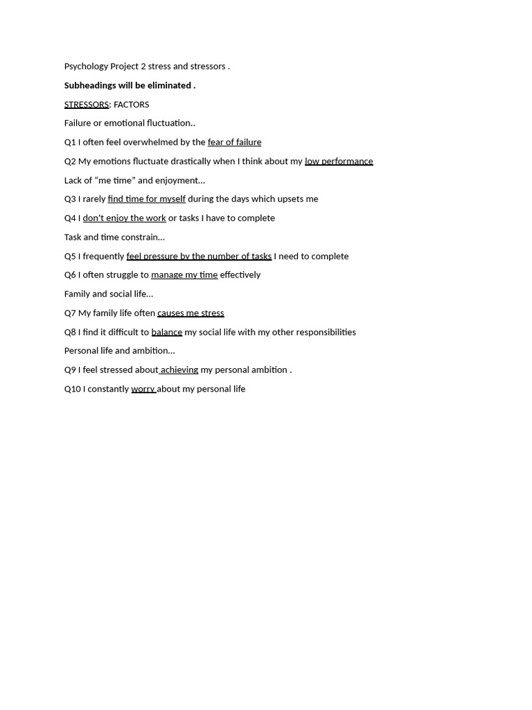 Psychology Project 2 Stress and Stressors | PDF