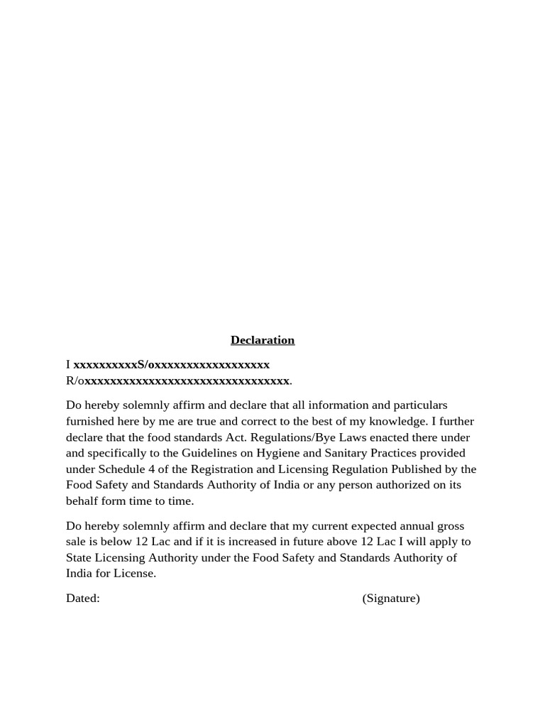Food License Declaration Affidavit | PDF