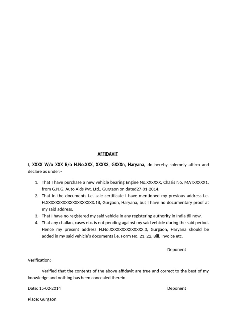 Affidevit For Address Change in Registration Certificate Affoth | PDF