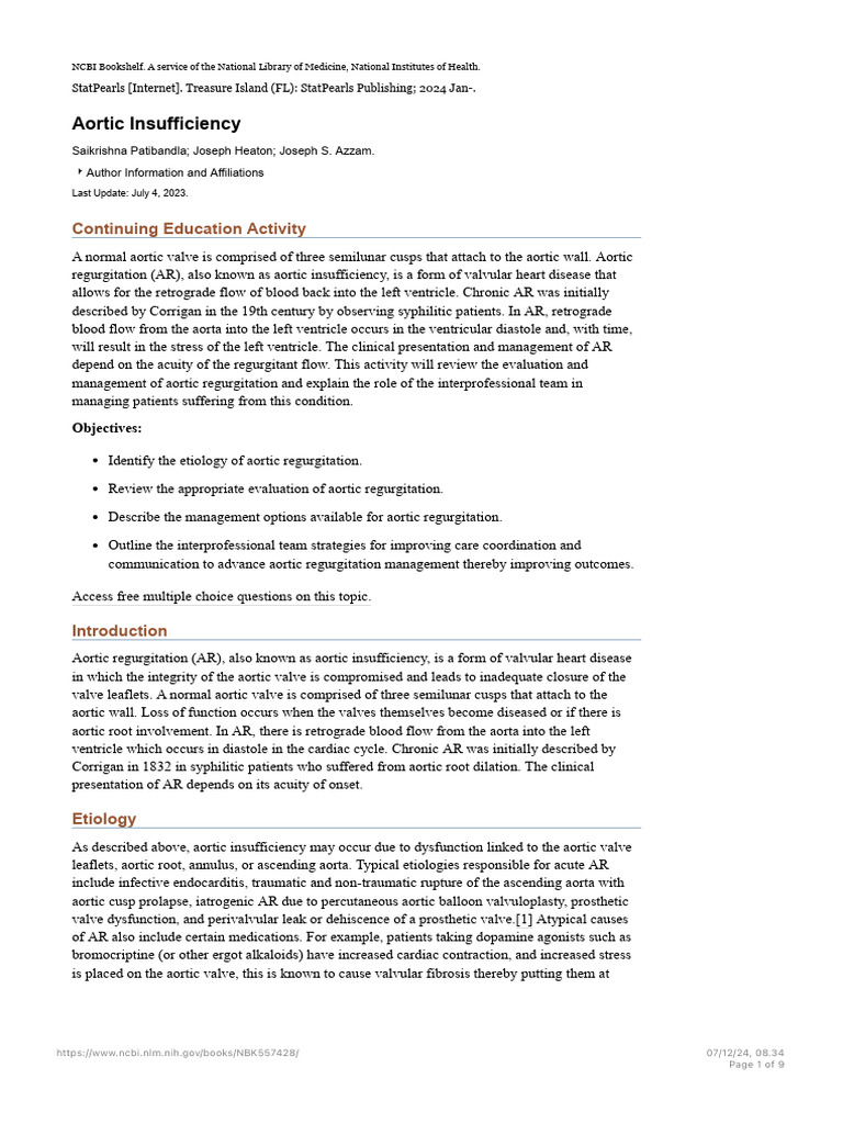 Aortic Insufficiency - StatPearls - NCBI Bookshelf | PDF | Heart Valve ...